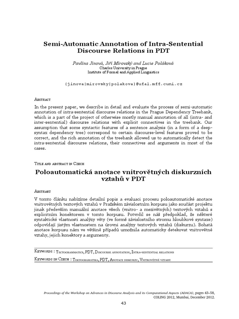 Semi-Automatic Annotation of Intra-Sentential Discourse Relations in PDT | PDF | Clause ...