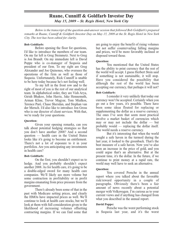 Ruane, Cunniff & Goldfarb Investor Day 2009 - Transcript | PDF ...