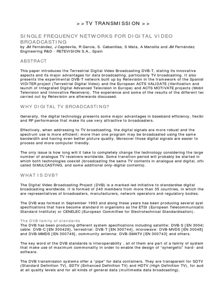 Single Frequency Networks For Digital Video Broadcasting: TV ...