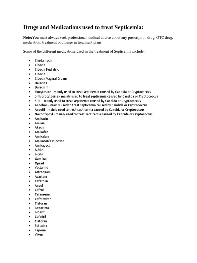 Drugs and Medications Used To Treat Septicemia | PDF | Antibiotics | Drugs