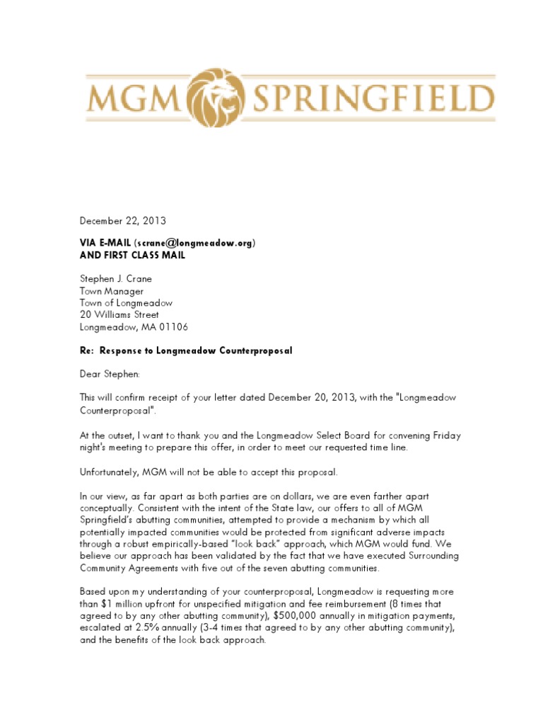 MGM Response To Longmeadow Counterproposal 12 22 13 | PDF | Government ...
