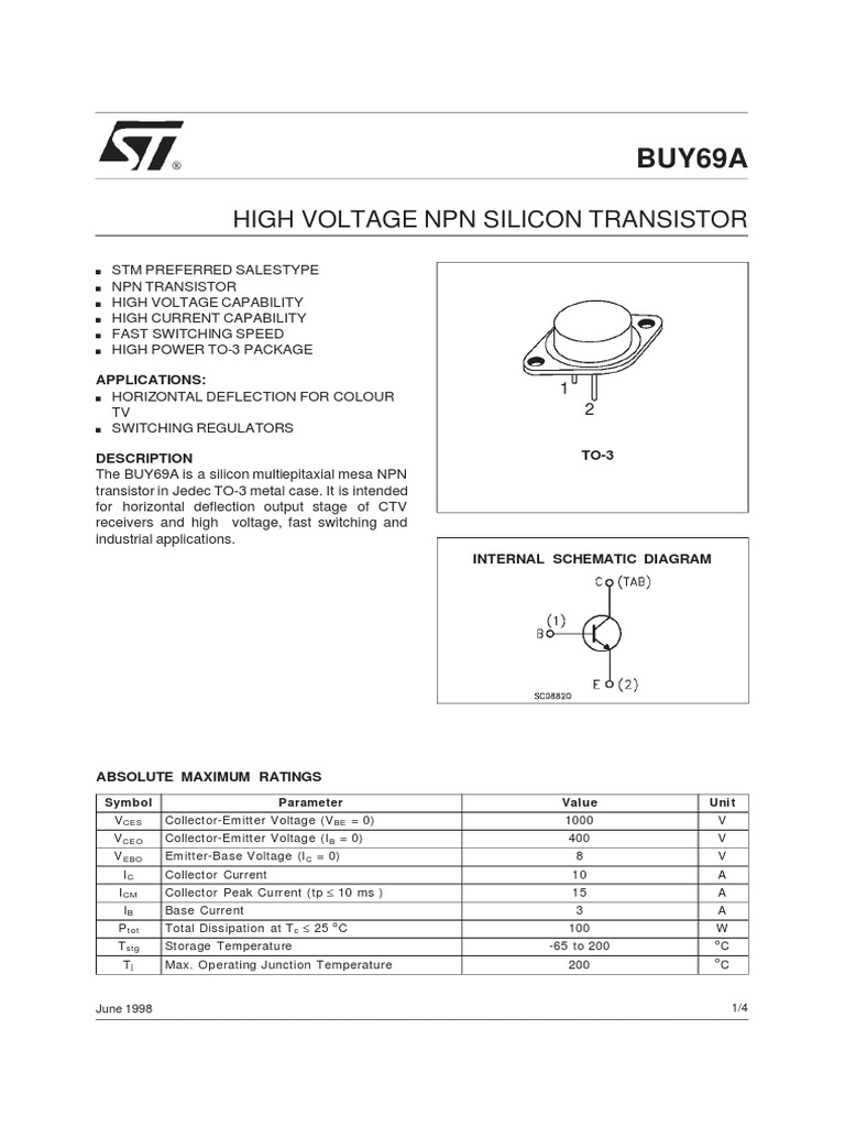 BUY69A: High Voltage NPN Silicon Transistor | PDF | Bipolar Junction ...