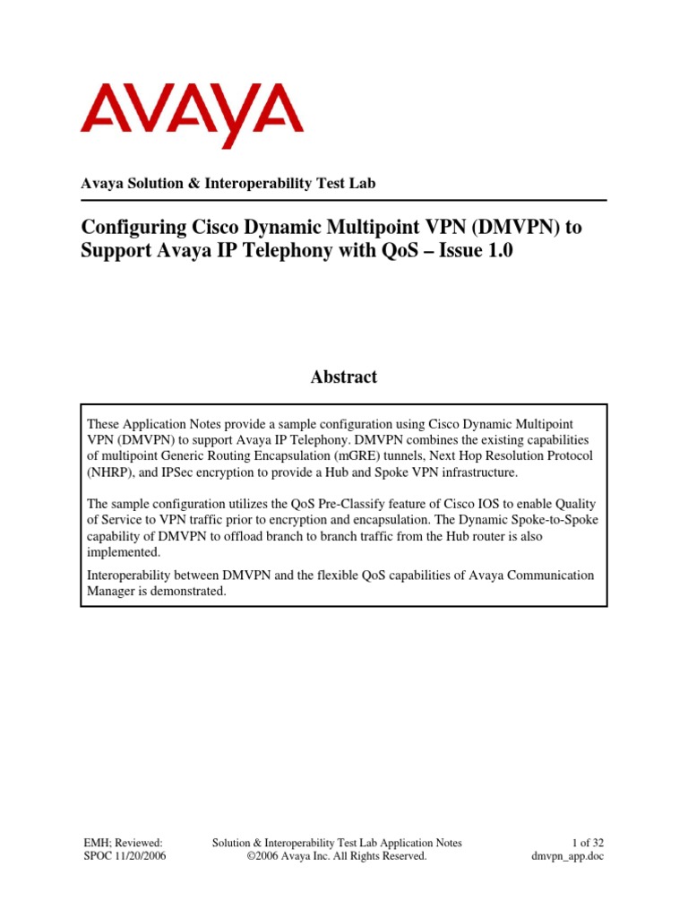 Configuring Cisco Dynamic Multipoint VPN (DMVPN) To Support Avaya Ip Telephony With Qos - Issue ...