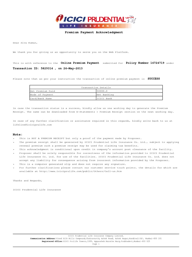 Premium Payment Confirmation | PDF | Career & Growth | Finance & Money Management
