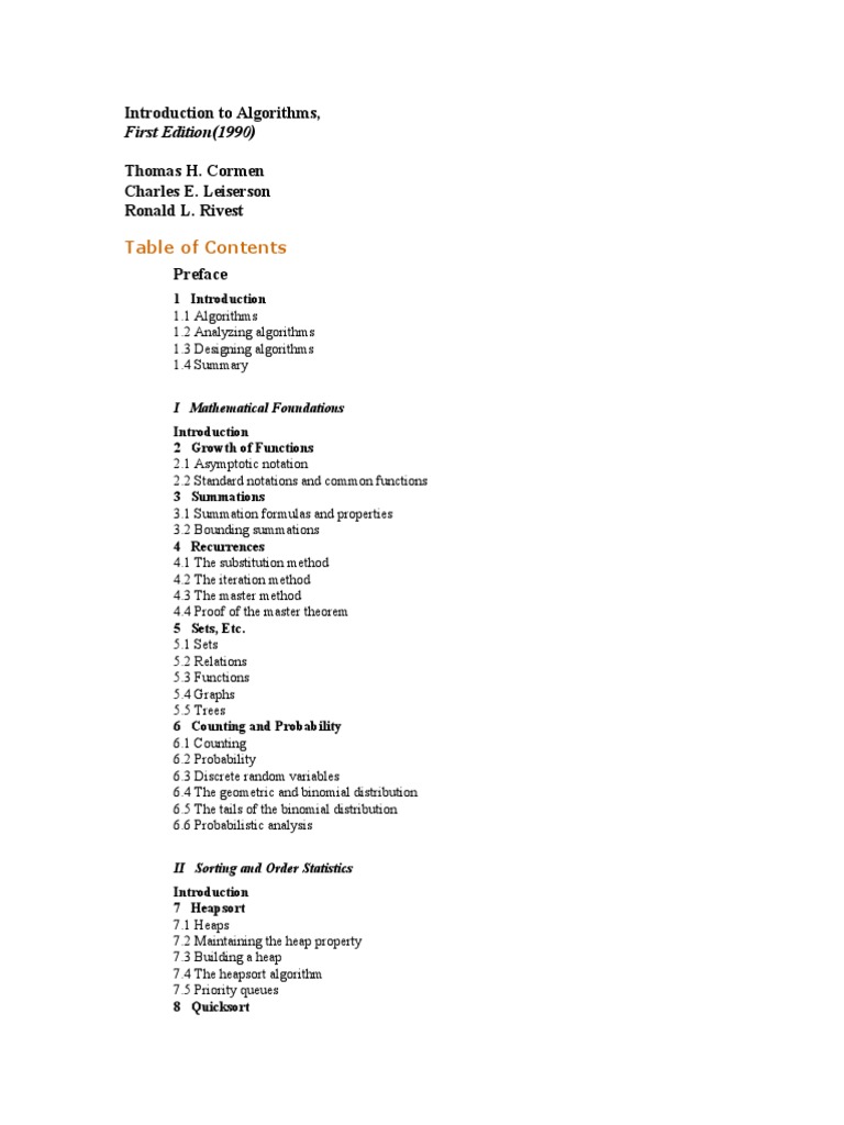 Cormen Contents 1stedition Pdf Algorithms And Data Structures Areas Of Computer Science