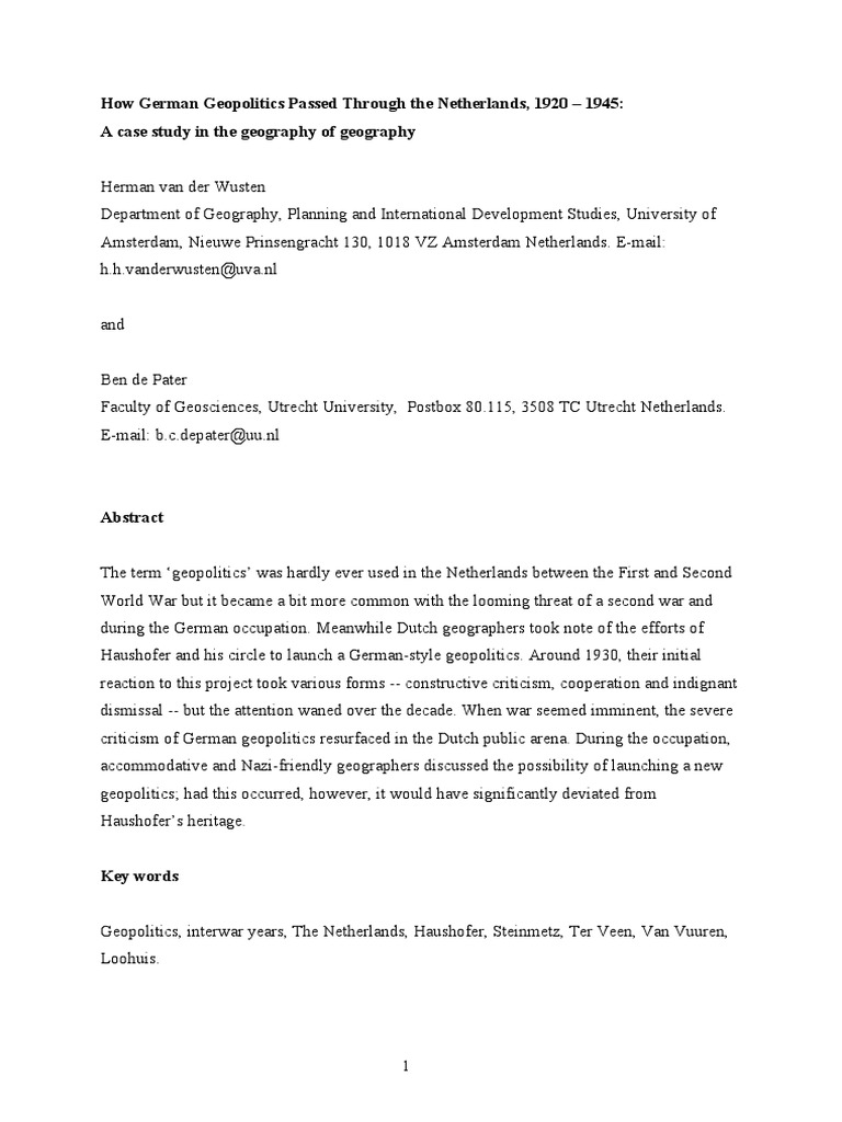 How German Geopolitics Passed Through The Netherlands, 1920 - 1945: A ...