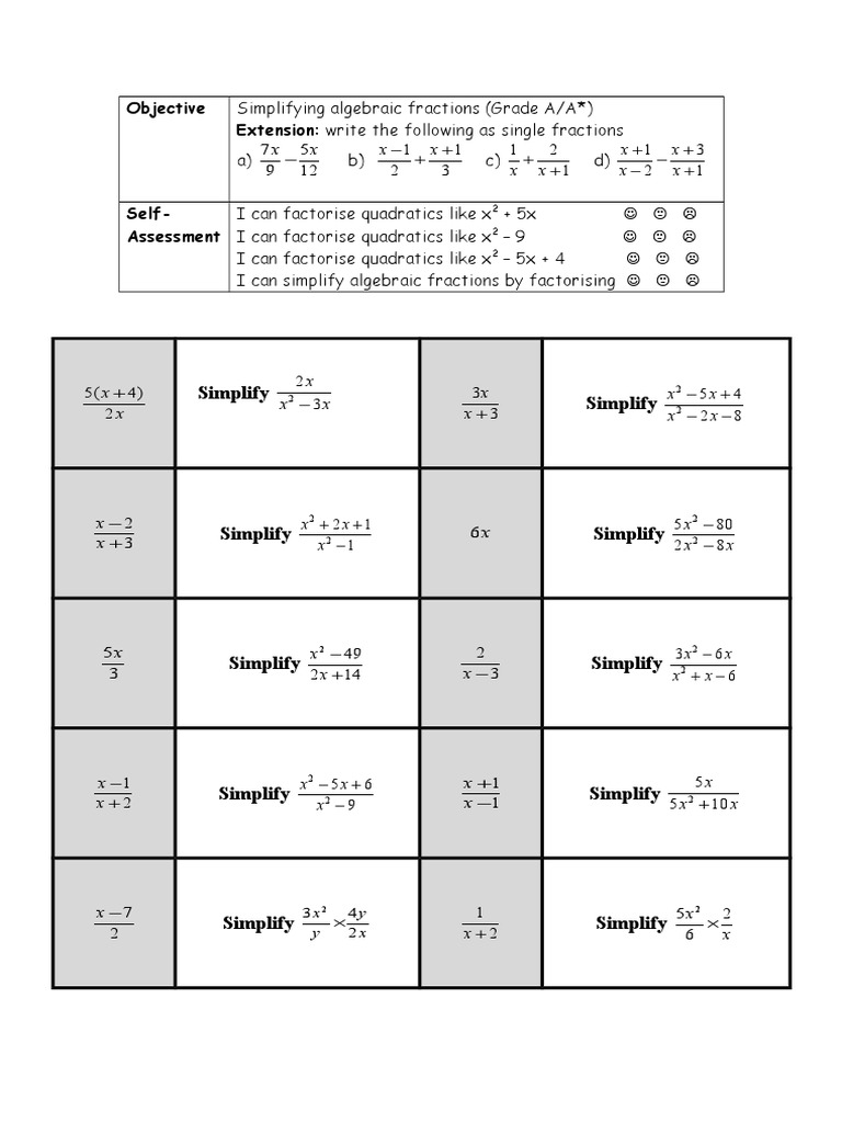 Simplifying Algebraic Fractions Dominoes | PDF