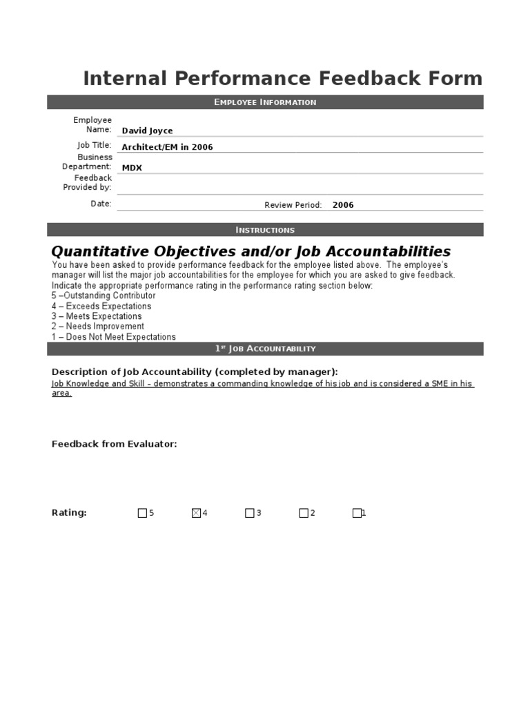 Internal Performance Feedback Form: Quantitative Objectives And/or Job ...