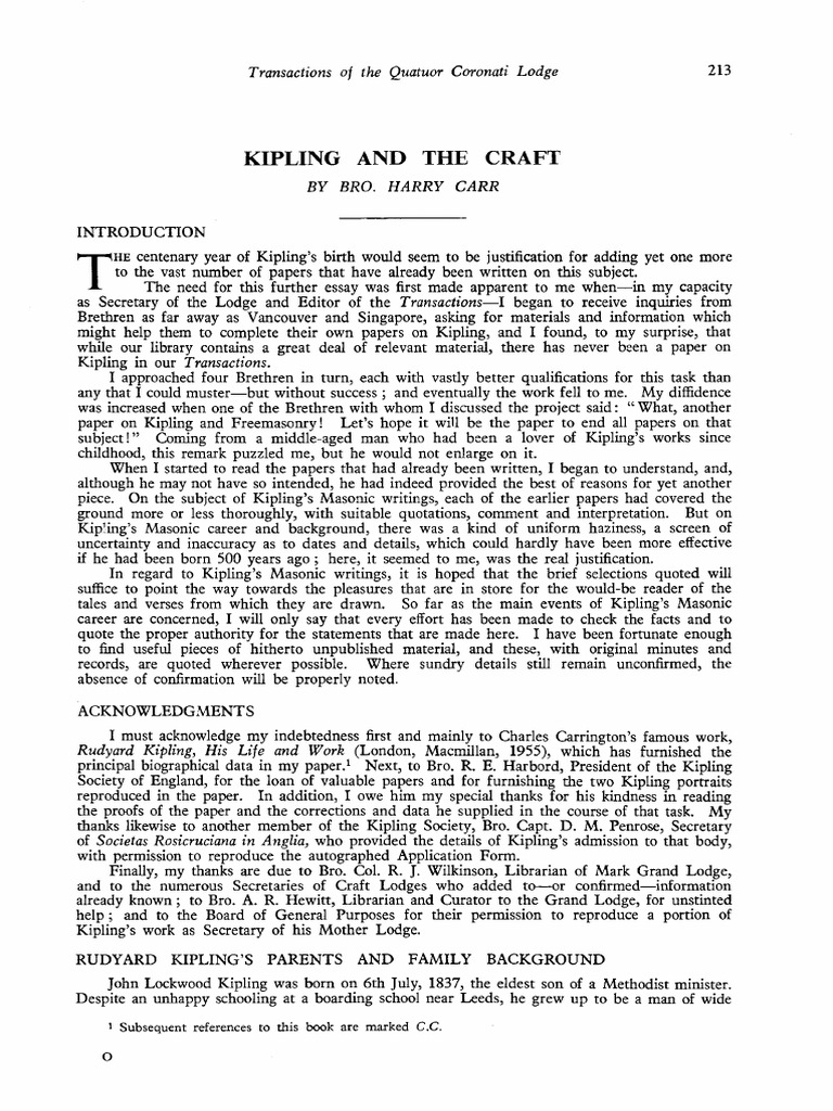 AQC H Carr Kipling The Craft PDF | PDF | Rudyard Kipling | Freemasonry