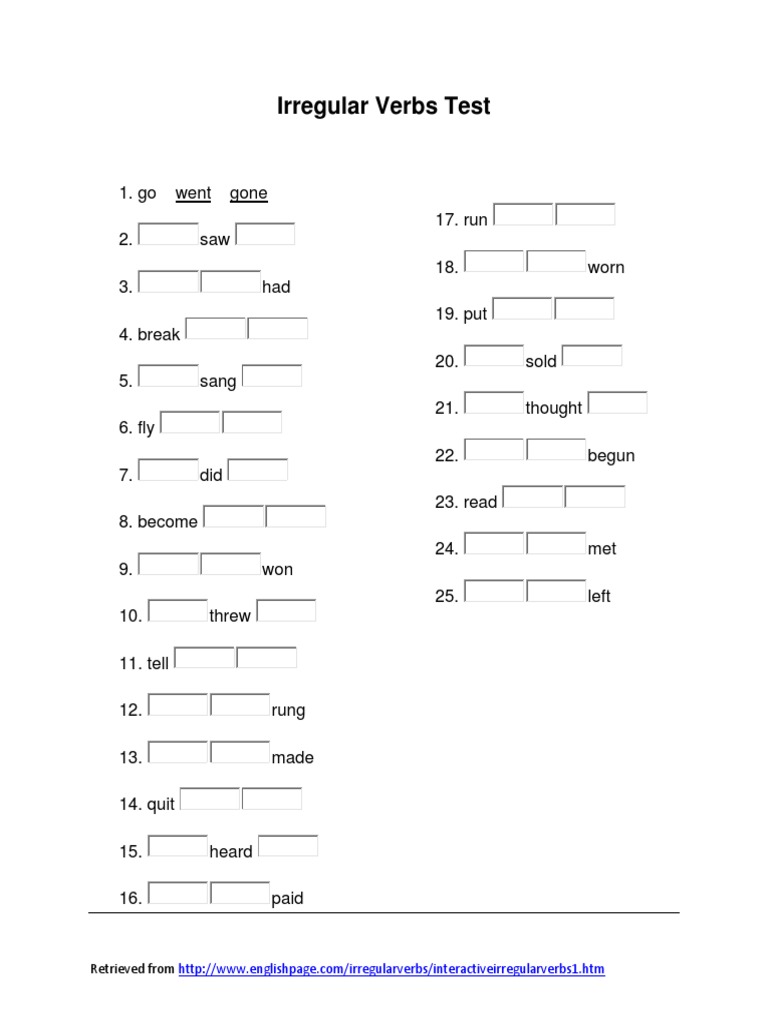 Irregular Verbs Test Quiz | PDF
