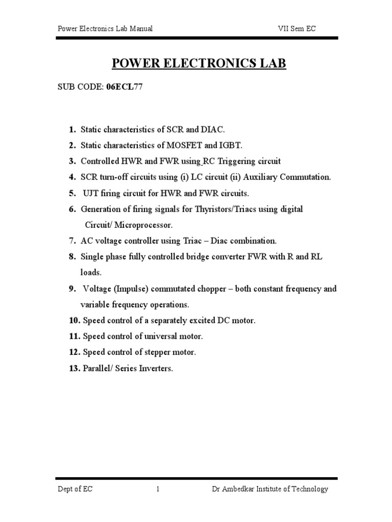 Power Electronics Lab Manual Overview Pdf