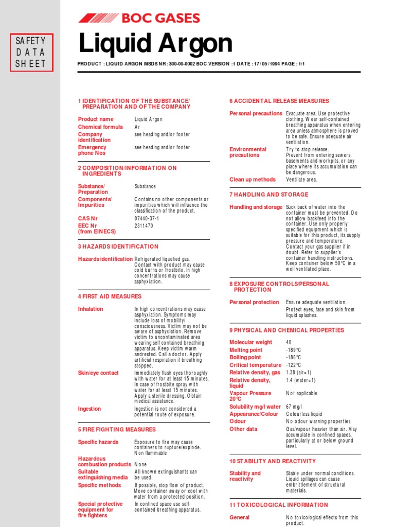 Liquid Argon MSDS | PDF | Argon | Water