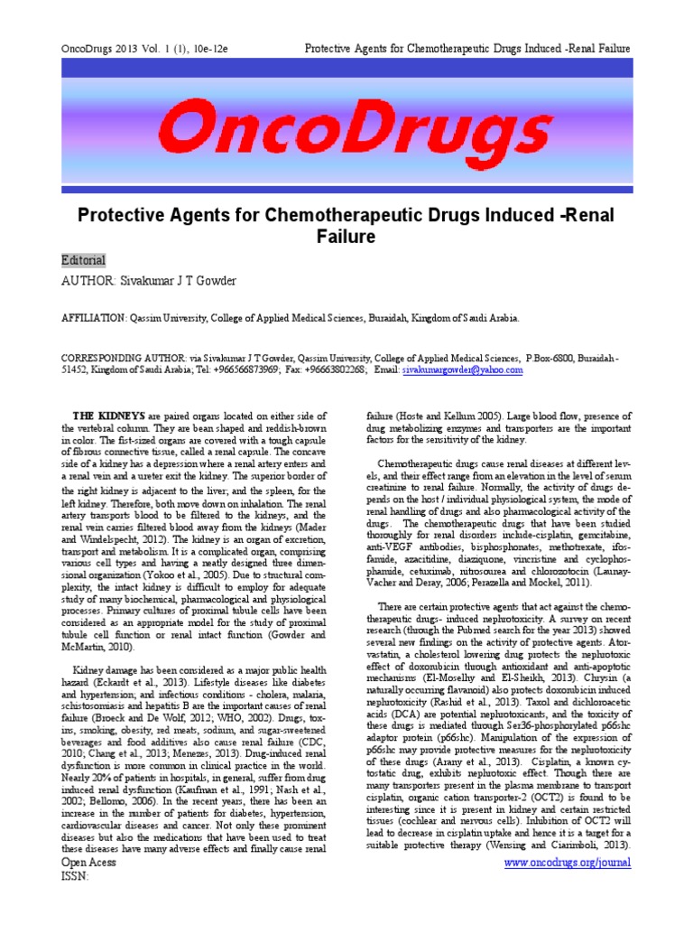 Protective Agents For Chemotherapeutic Drugs Induced - Renal Failure | PDF