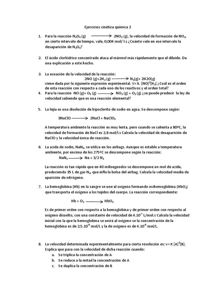 Ejercicios Cinética Química 2 | PDF