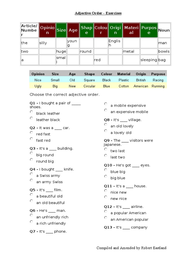 Adjective Order Exercises Guide | PDF | Grammar | Linguistic Morphology