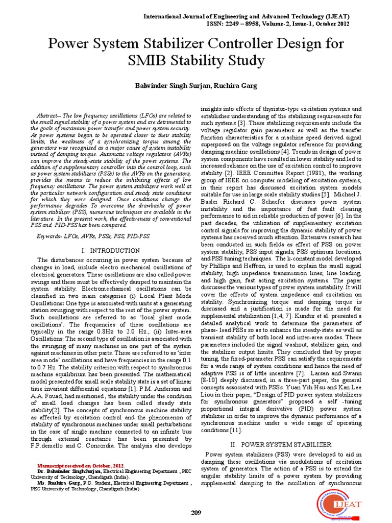 Power System Stabilizer Controller Design For SMIB Stability Study | PDF | Steady State ...