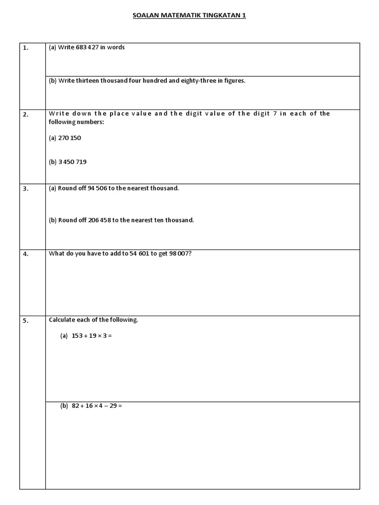 Soalan Matematik Tingkatan 1 | PDF