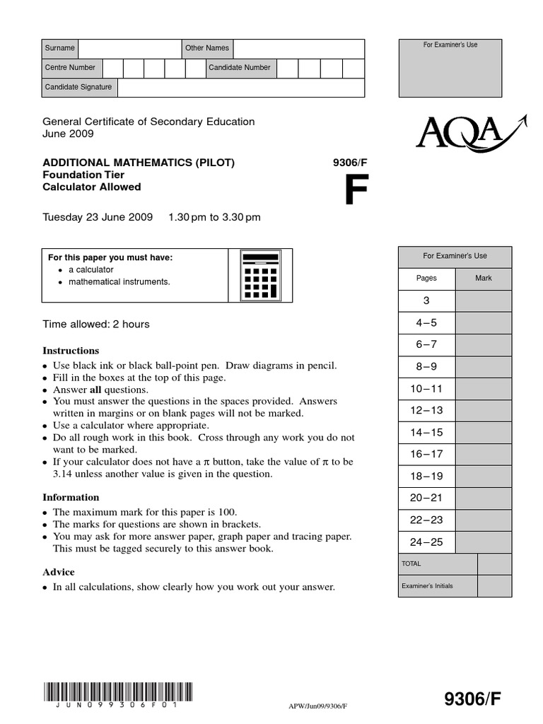 AQA GCSE Additional Maths 09 June Paper (Foundaion) | Elementary ...