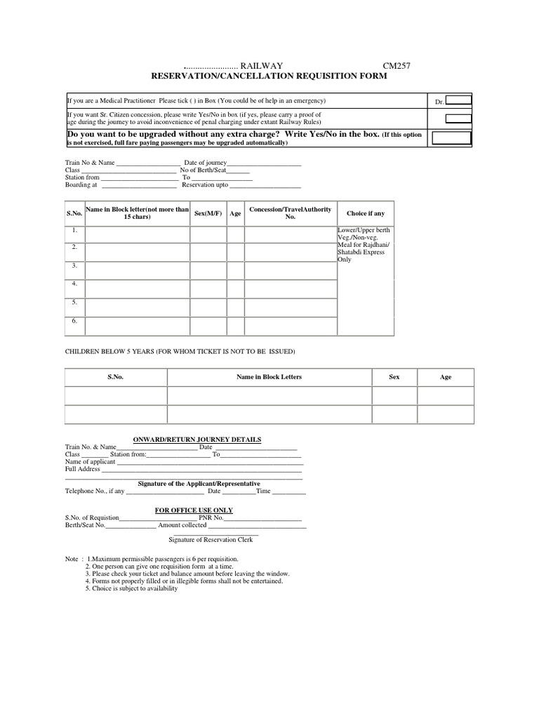 RAILWAY CM257 Reservation/Cancellation Requisition Form | PDF