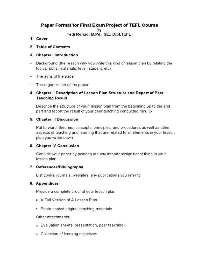 Paper Format For Final Exam Project of TEFL Course | PDF