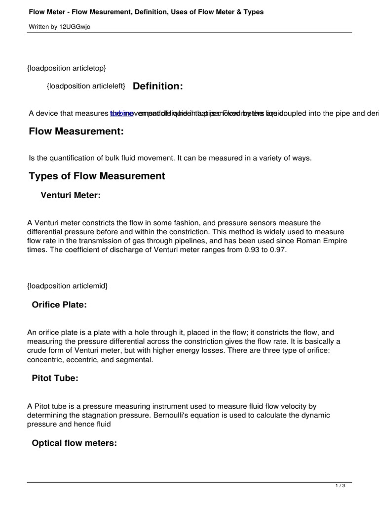 Flow Meter Flow Mesurement Definition Uses of Flow Meter A Types | PDF ...