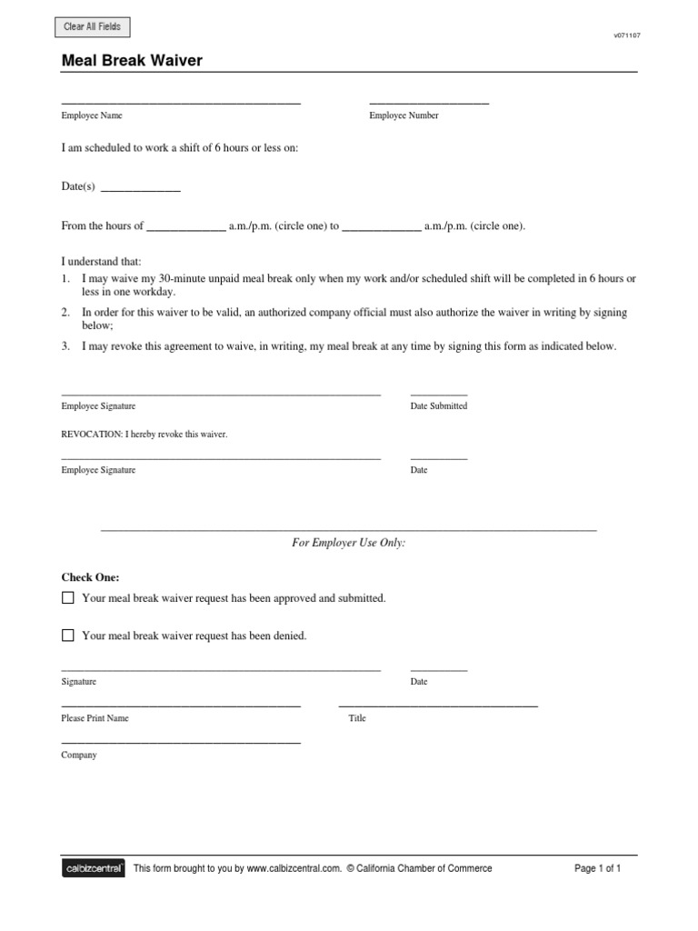 Meal Break Waiver Template - California | PDF