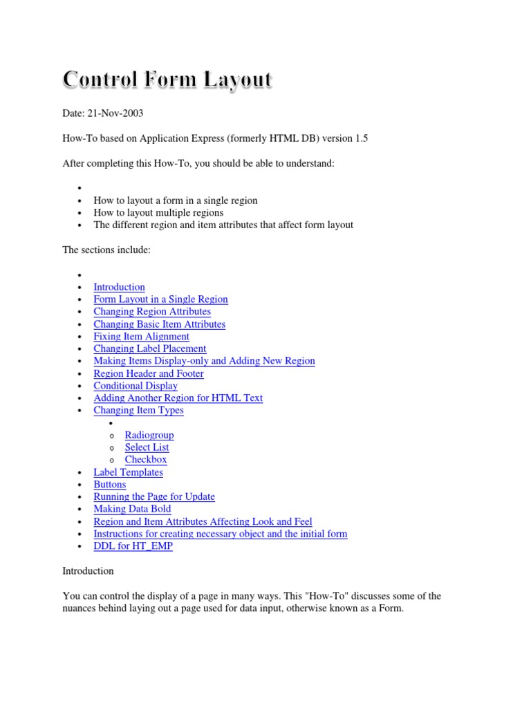 Control Form Layout in Oracle Apex 4.2 | PDF | Page Layout | Html