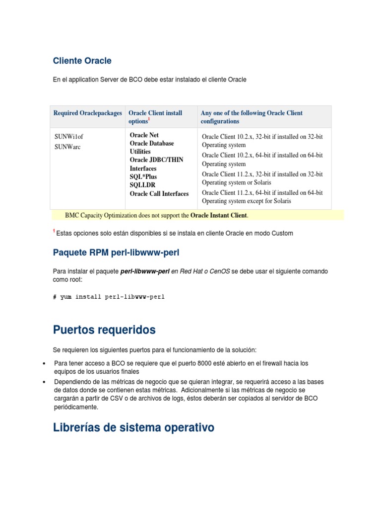 Requerimientos BMC Capacity Optimization | PDF | Base de datos Oracle ...