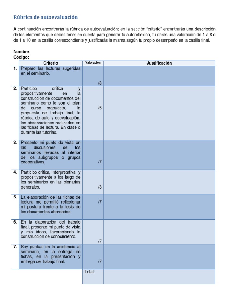 Rúbrica de Autoevaluación y Coevaluación | PDF | Cognición | Aprendizaje