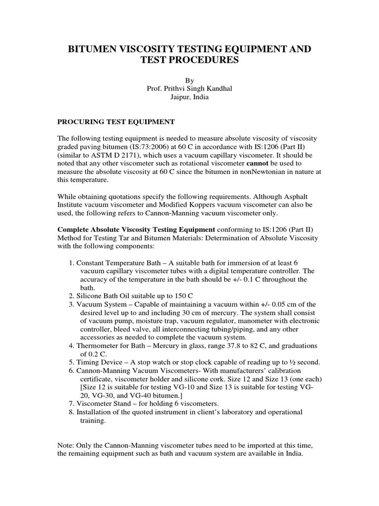 Bitumen Viscosity Testing Equipment and Test Procedures | PDF | Asphalt ...