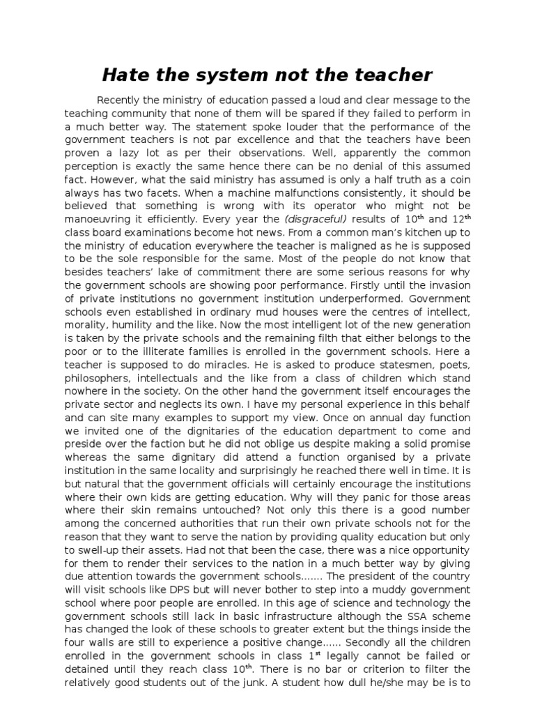 Hate The System Not The Teacher | PDF | Reason | Teachers