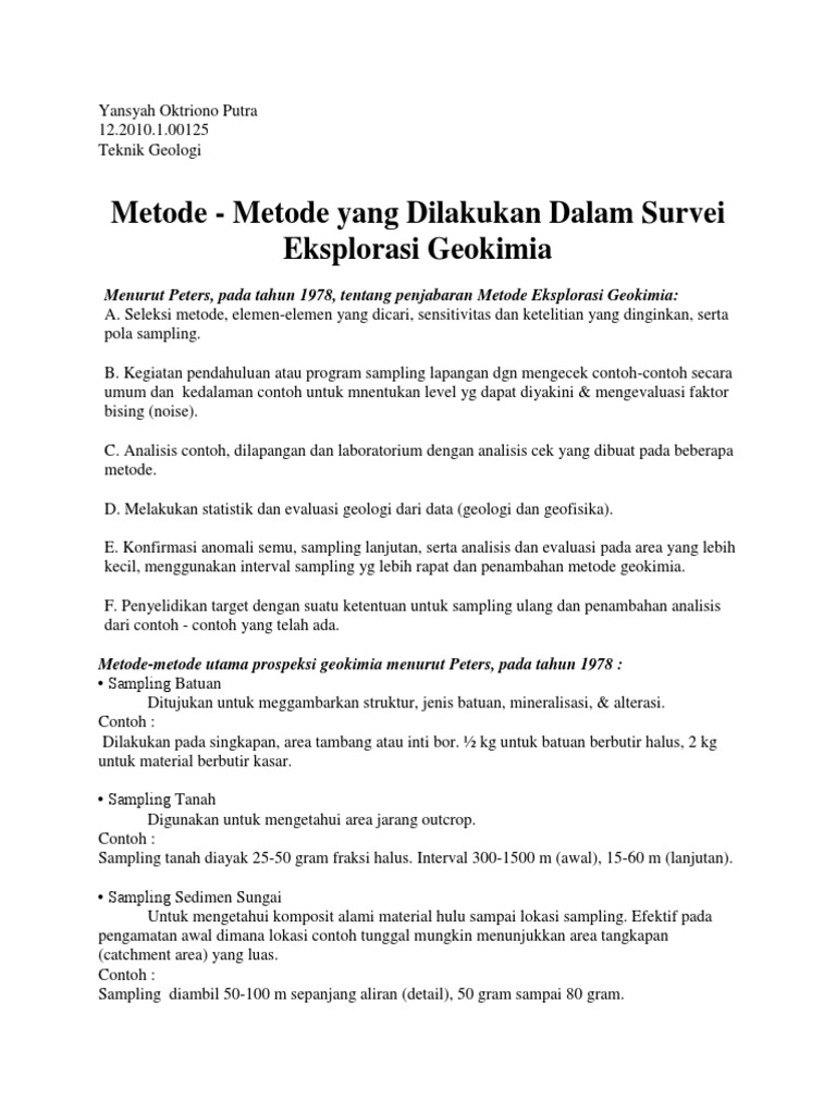 Metode - Metode Yang Dilakukan Dalam Survei Eksplorasi Geokimia | PDF