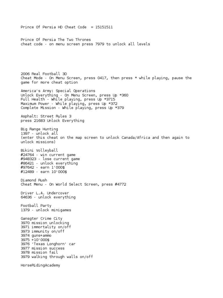 Prince of Pricia HD Cheat Code | Download Free PDF | Cheating In Video Games | Leisure Activities