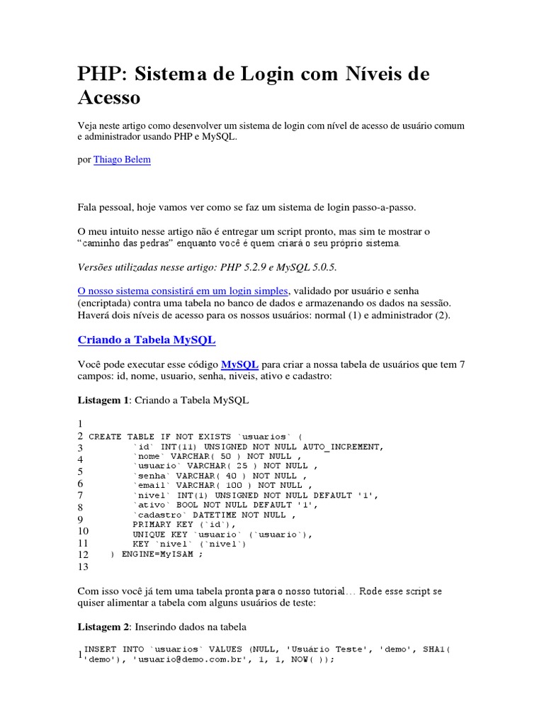PHP - Sistema de Login Com Níveis de Acesso | PDF | Fazer login | SQL