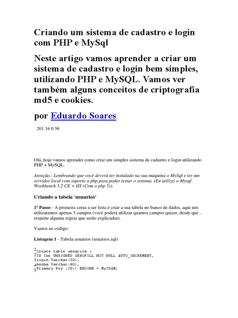 Criando Um Sistema de Cadastro e Login Com PHP e MySql | PDF | Fazer login | Php