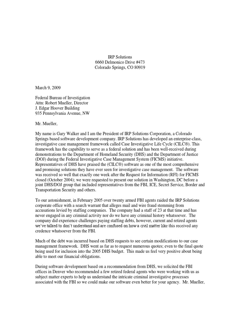 Gary Walker's Letter To FBI Director Robert Mueller - 2009 | PDF ...
