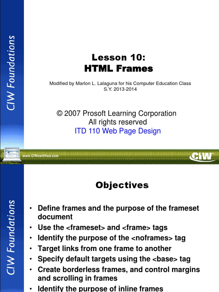 Unit II - Lesson 10 - HTML Frames | PDF | Html Element | Hyperlink