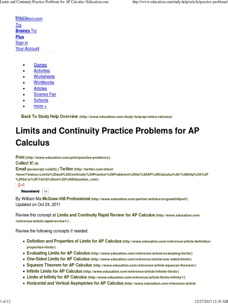 Limits and Continuity Practice Problems For AP Calculus - Education ...