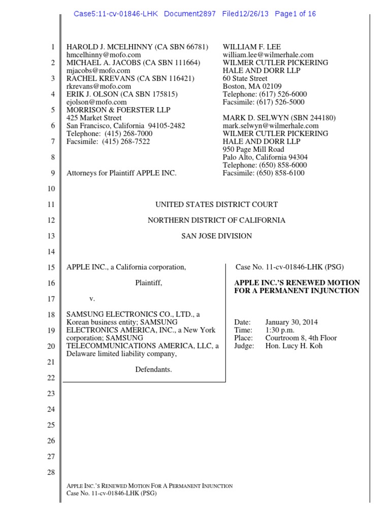 13-12-26 Renewed Apple Motion For Permanent Injunction Against Samsung | PDF | Injunction | I Phone