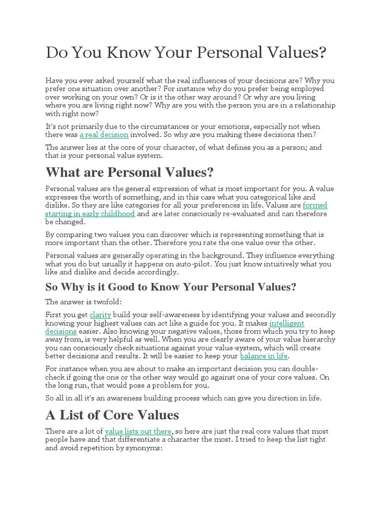 Do You Know Your Personal Values | Download Free PDF | Value (Ethics ...