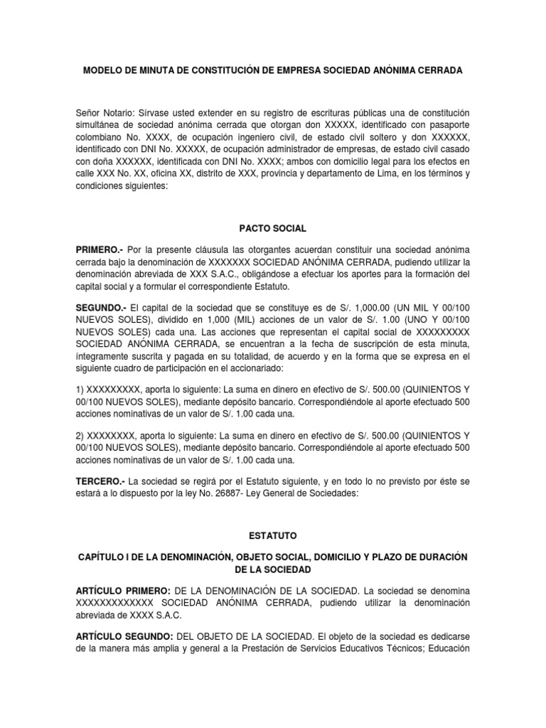 Modelo de Minuta de Constitución de Empresa Sociedad Anónima Cerrada | PDF | Sociedad de ...
