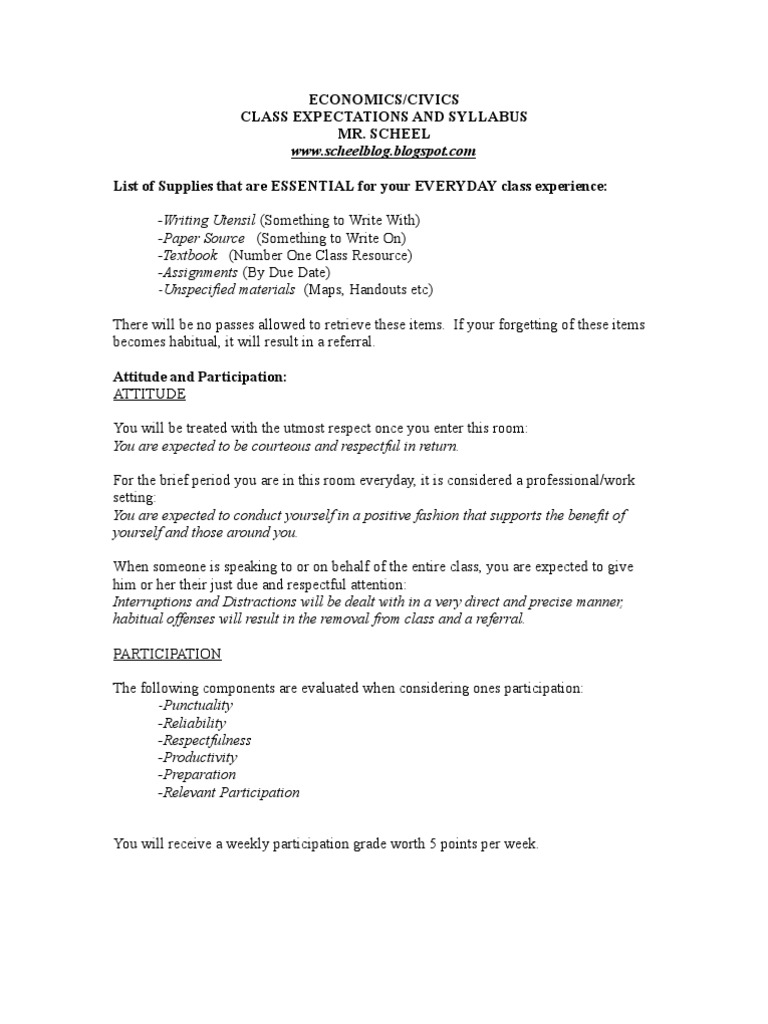 Economics/Civics Class Expectations and Syllabus Mr. Scheel | PDF ...