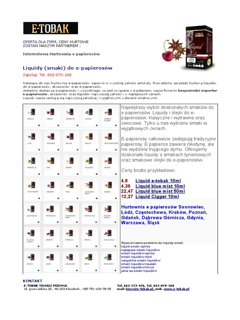 Liquidy (Smaki) Do E-Papierosów: Oferta Dla Firm | PDF