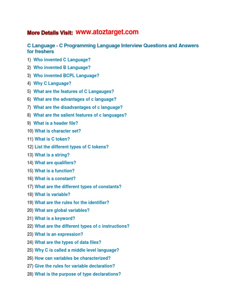 C Language C Programming Language Interview Questions And Answers For 8981
