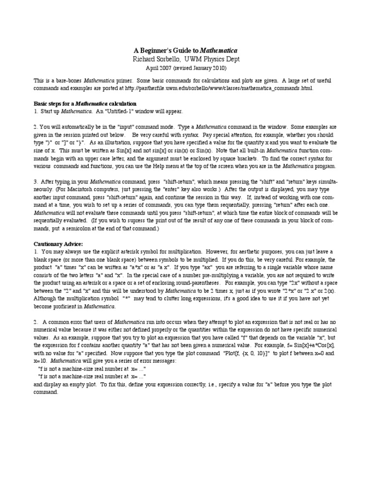 Richard Sorbello, UWM Physics Dept: A Beginner's Guide To Mathematica ...