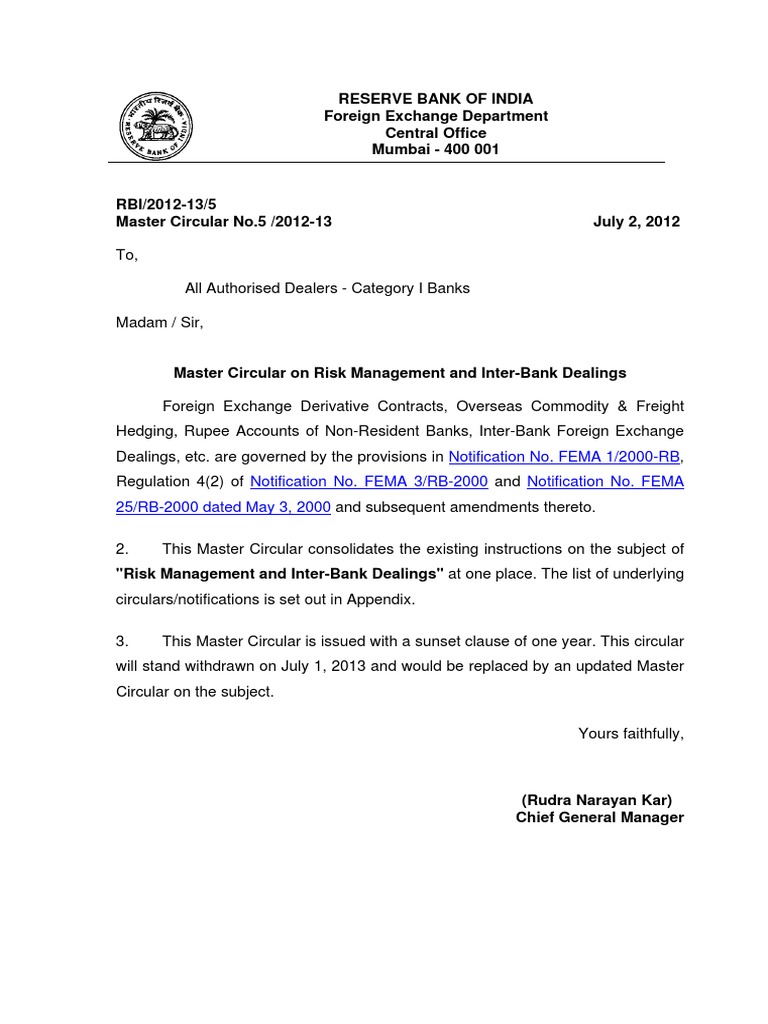 RBI Master Circular On Risk Management and Inter-Bank Dealings | PDF ...