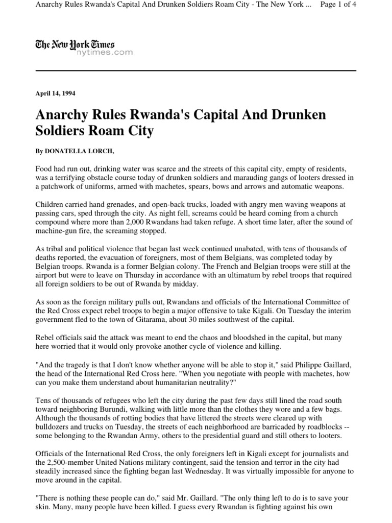 Anarchy Rules Rwanda's Capital and Drunken - 14 April 1994 Soldiers ...