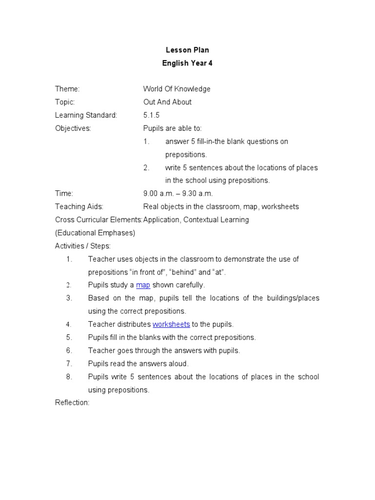 Year 4 English: Prepositions Lesson Plan | PDF | Lesson Plan ...