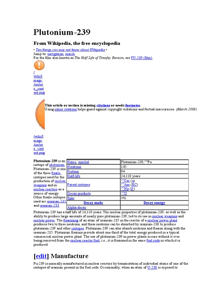 Plutonium-239: From Wikipedia, The Free Encyclopedia | PDF | Nuclear ...