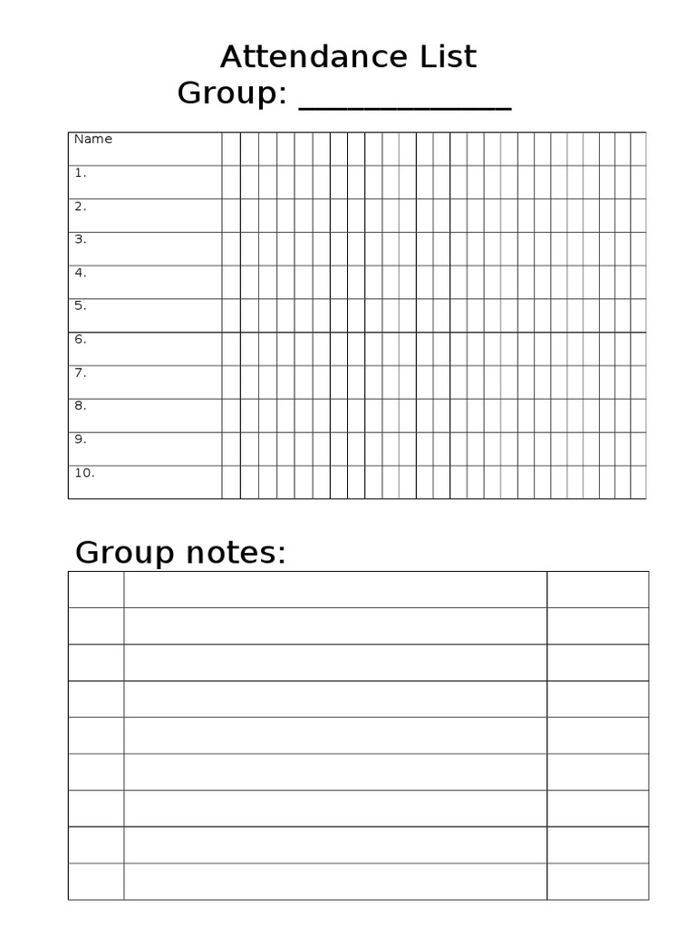 Attendance List Group: - : Name 1. 2. 3. 4. 5. 6. 7. 8. 9. 10 | PDF